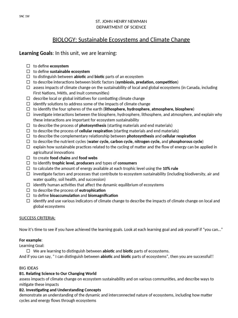 Snc 1w Biology Teacher Package Version 2023 | PDF | Food Web | Ecosystem
