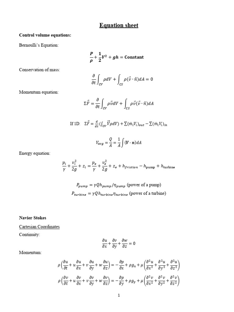 ME3475 - Fall 2023 Final Exam-Equation Sheet | PDF | Fluid Dynamics ...