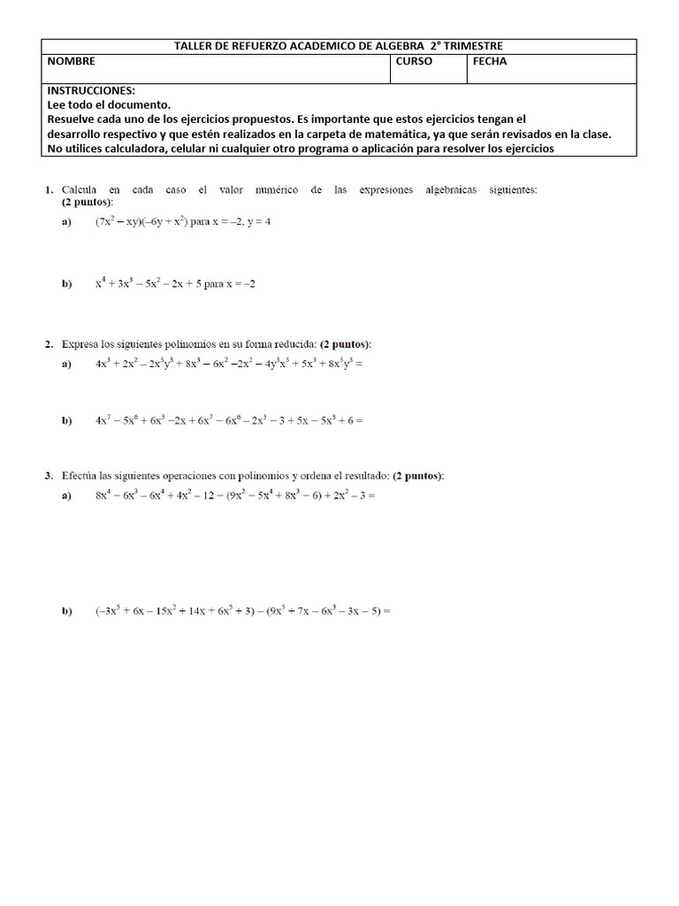 Taller de Álgebra 2° Trimestre | PDF