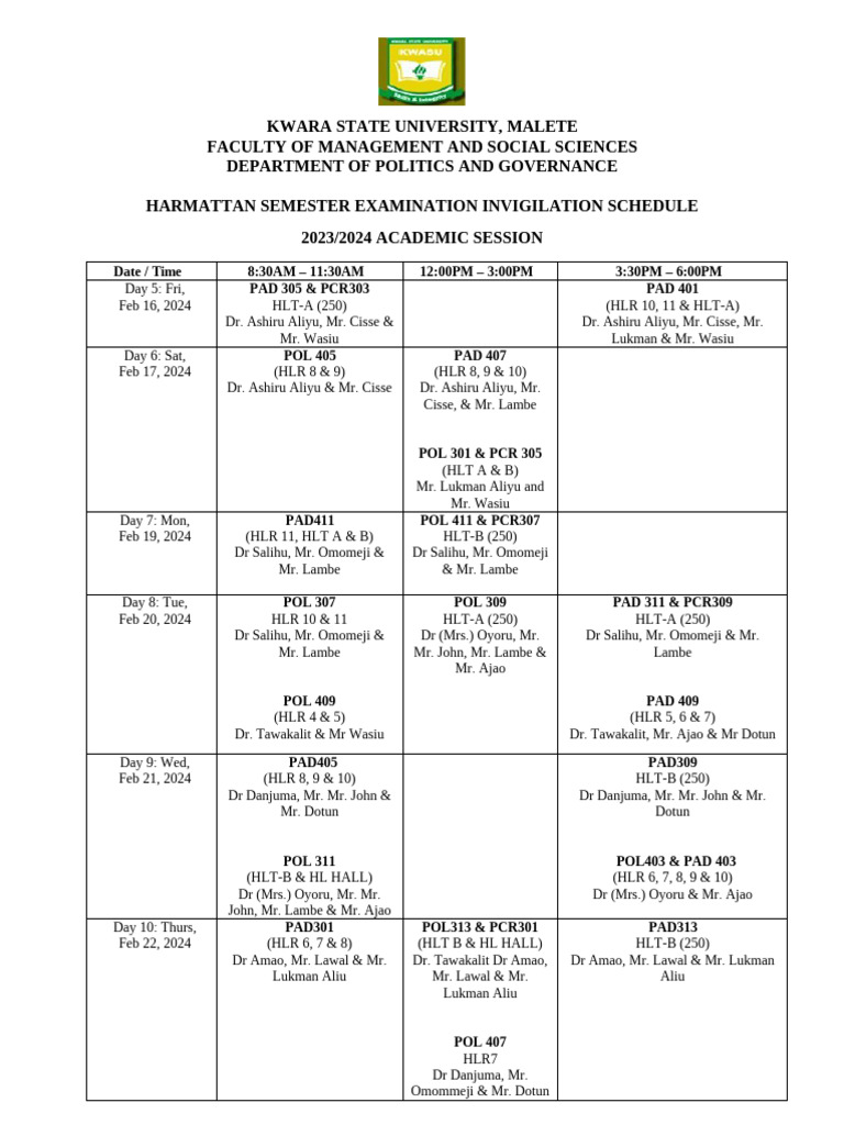 KWASU 2023/2024 Exam Invigilation Schedule | PDF
