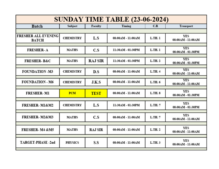 SUNDAY TIME TABLE 23-06-2024 | PDF