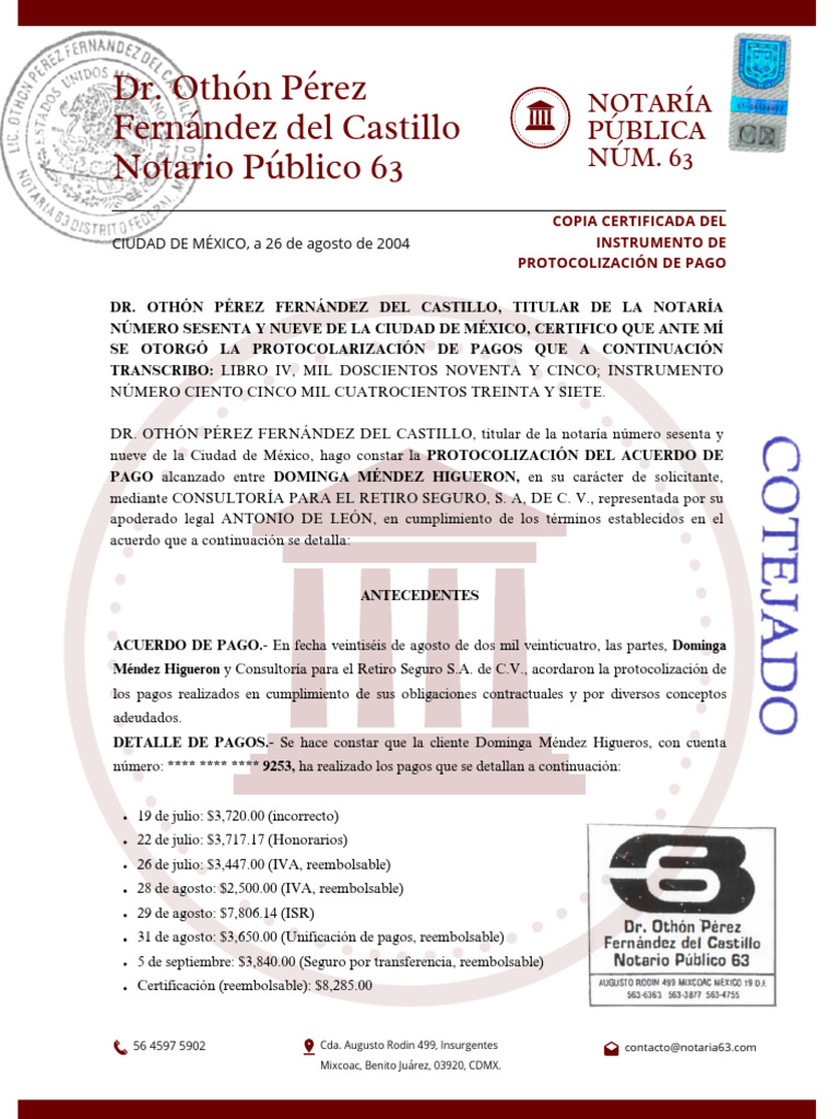 Notaria Publica 63_protocolarizacion de Pagos_dominga Mendez Higueron | PDF