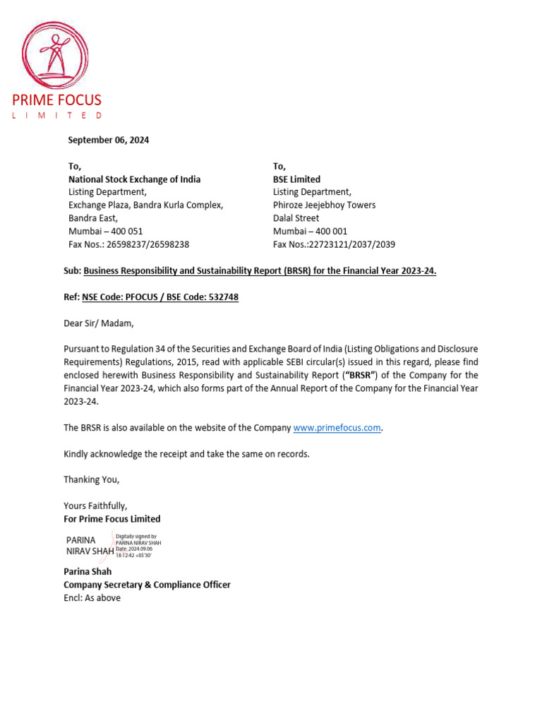 PFOCUS_06092024193246_IntimationofBRSRsigned | PDF
