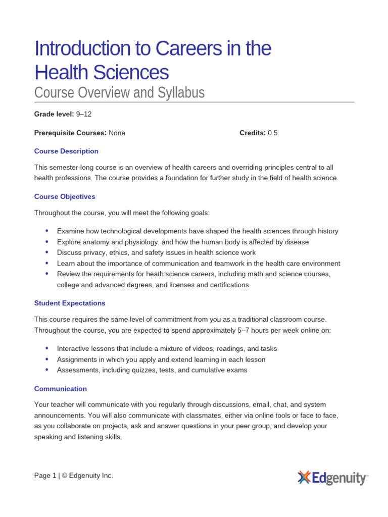 Edgenuity Syllabus - Introduction To Careers in The Health Sciences ...