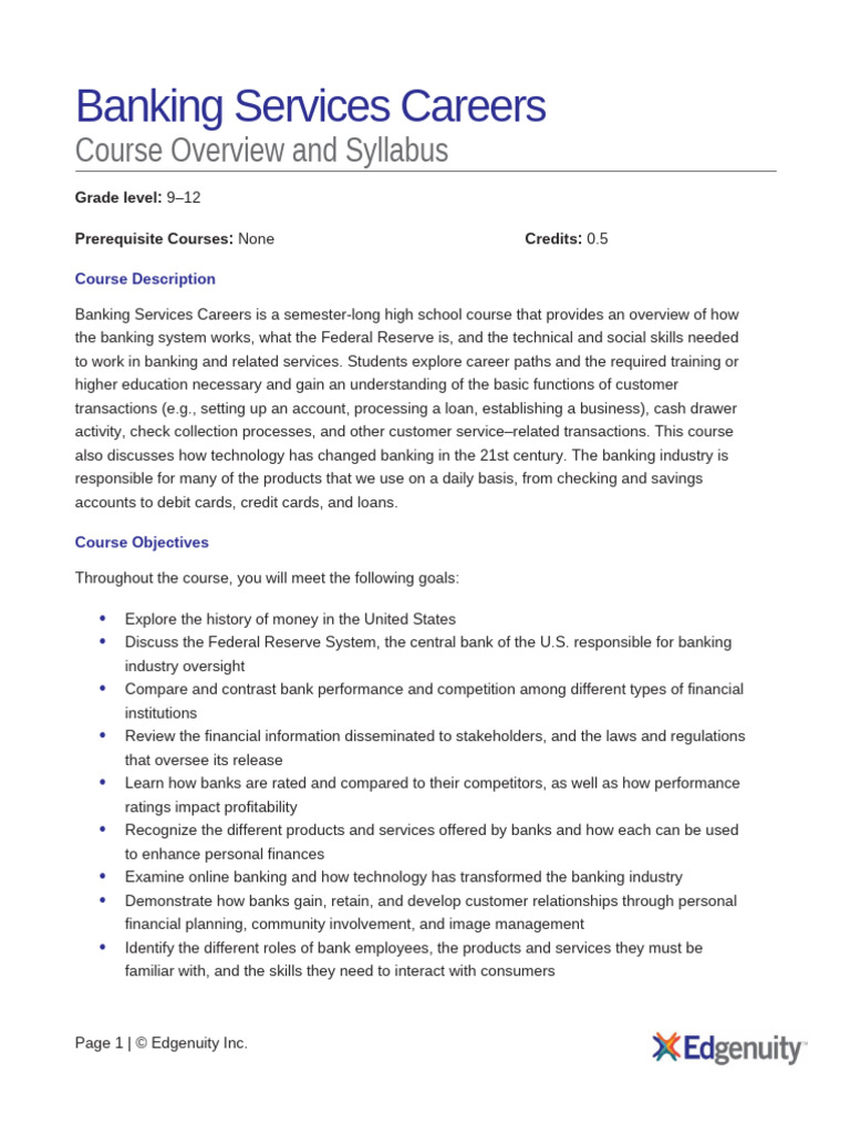 Edgenuity Syllabus - Banking Services Careers | PDF | Banks