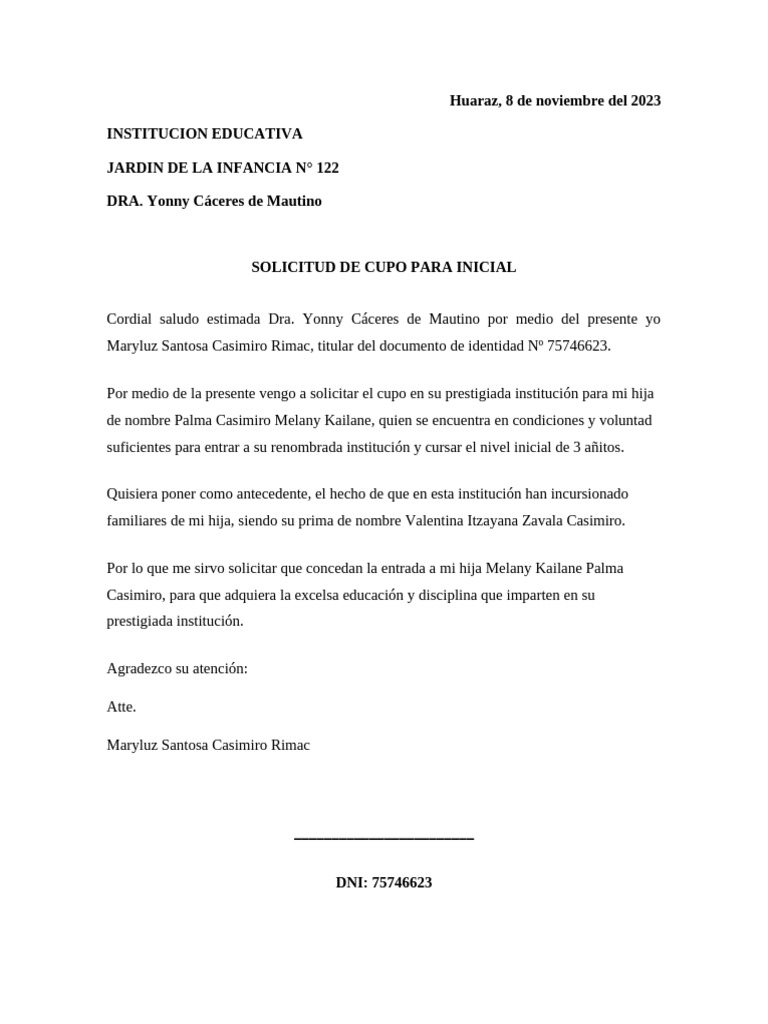 Modelo de Carta de Solicitud de Cupo Académico Inicial | PDF