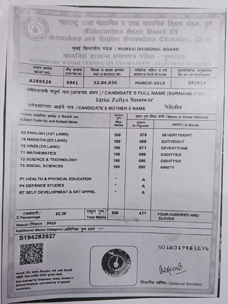 X Marksheet - Zufiya Idrisi | PDF