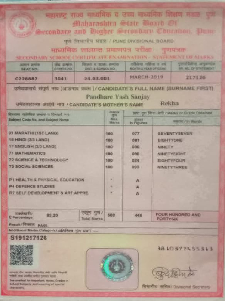 10th Certificate B 25 Yash Pandhare Pdf