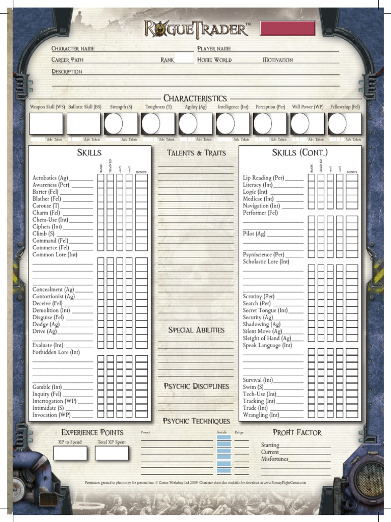 Rogue Trader Character Sheet Official Editable | PDF