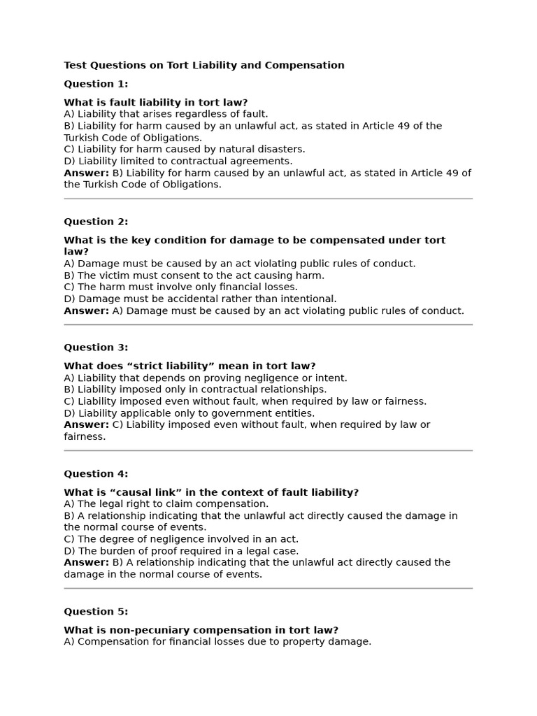 Tort Liability and Compensation Quiz | PDF