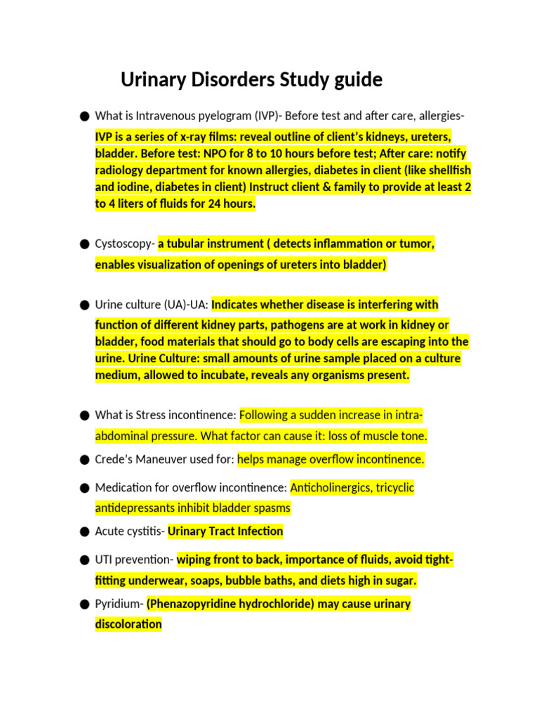 Urinary Disorders Study Guide Overview | PDF | Urinary Tract Infection ...