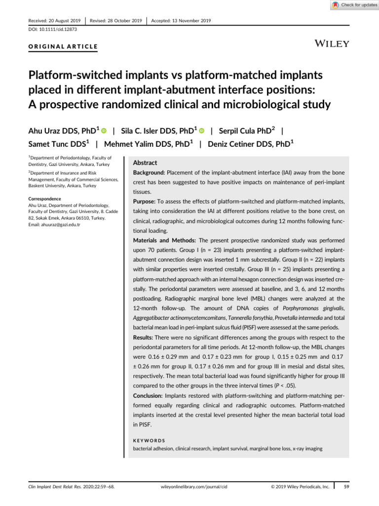 Clin Implant Dent Rel Res 2019 Uraz Platform‐switched Implants Vs Platform‐matched