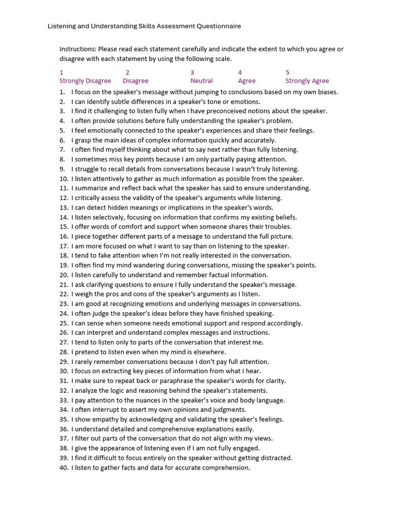 6 Listening and Understanding Skills Assessment Questionnaire | PDF ...