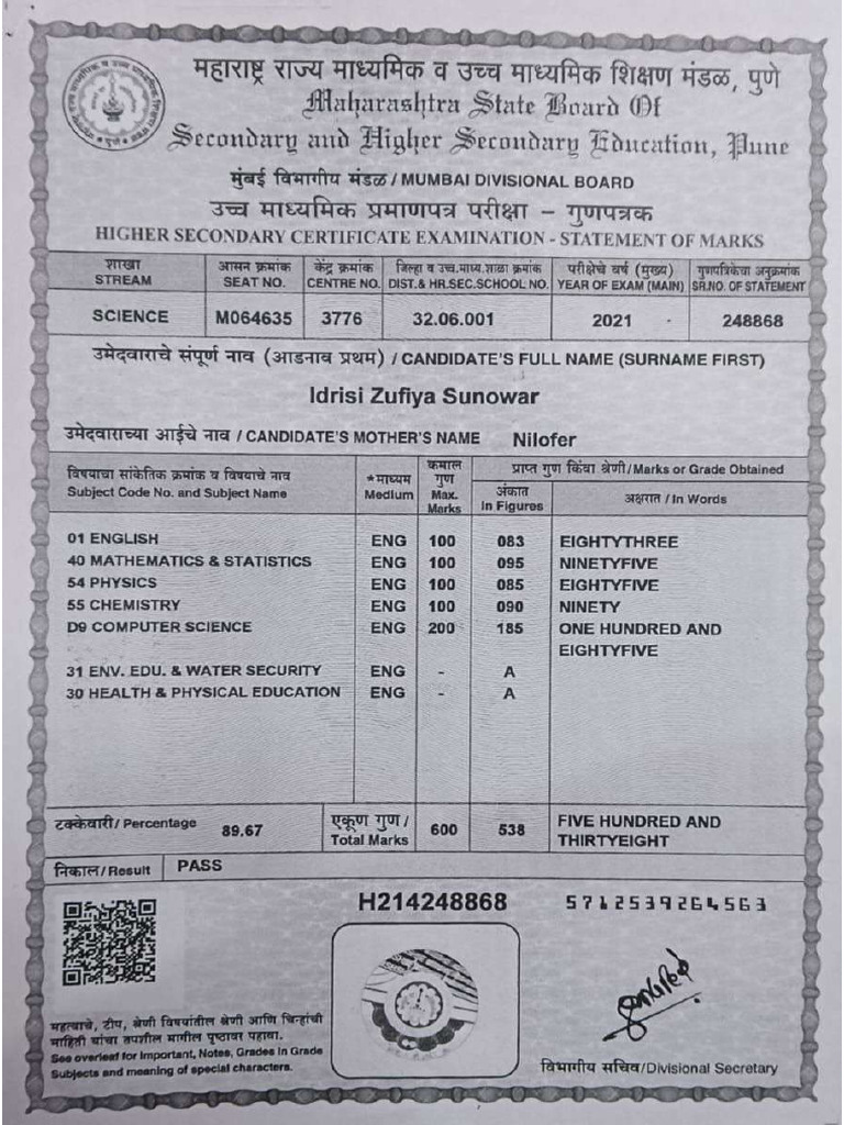 XII marksheet - Zufiya Idrisi | PDF