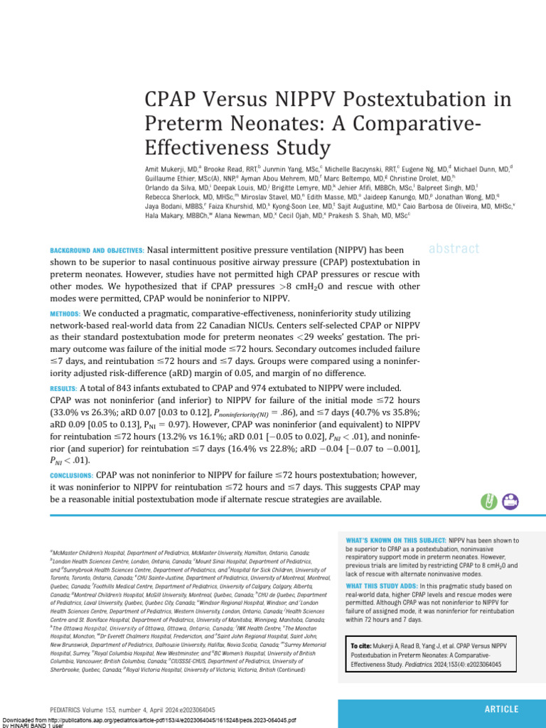 CPAP Versus NIPPV Postextubation in Preterm Neonates | PDF | Medicine ...
