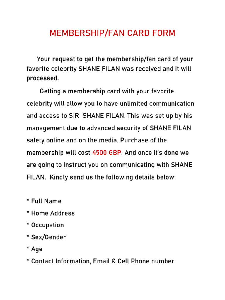 Shane Filan Membership Card | PDF