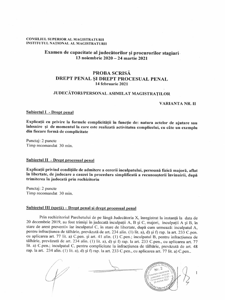 Subiecte Drept Penal Si Drept Procesual Penal Judecatori14.02.21 | PDF
