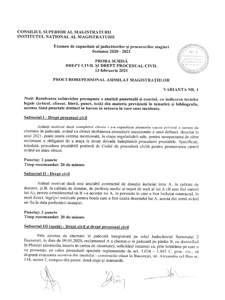 Subiecte Drept Civil Si Drept Procesual Civil Procurori 13.02.2021 | PDF