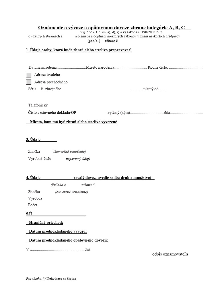 19. Oznamenie_o_vyvoze_a_opatovnom_dovoze_zbrane_kategorie_A,_B,_C,_D | PDF
