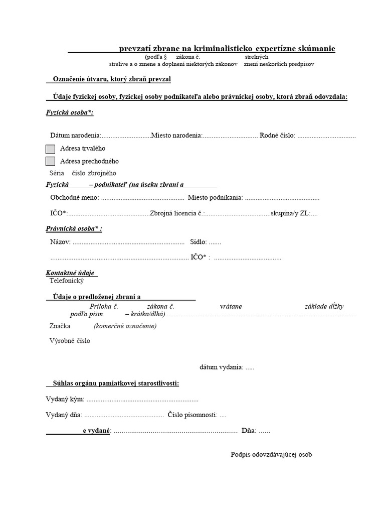 B Potvrdenie o Prevzati Zbrane Na Kriminalisticko Expertizne Skumanie | PDF