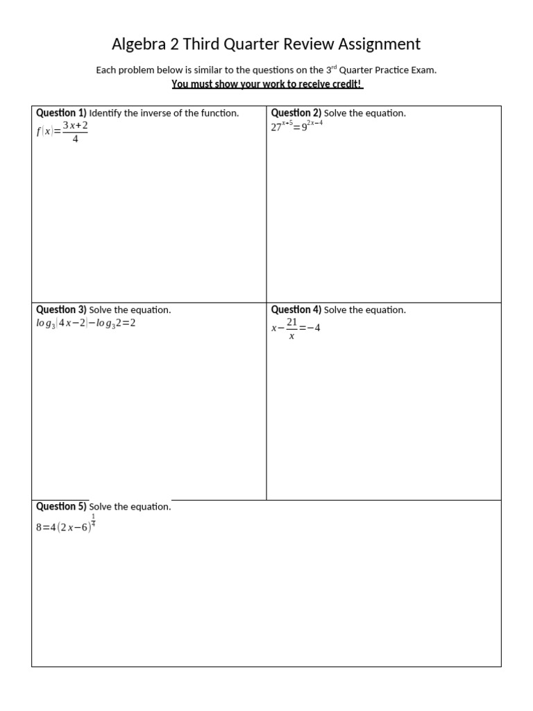 Algebra 2 Quarter 3 Review Assignment | PDF