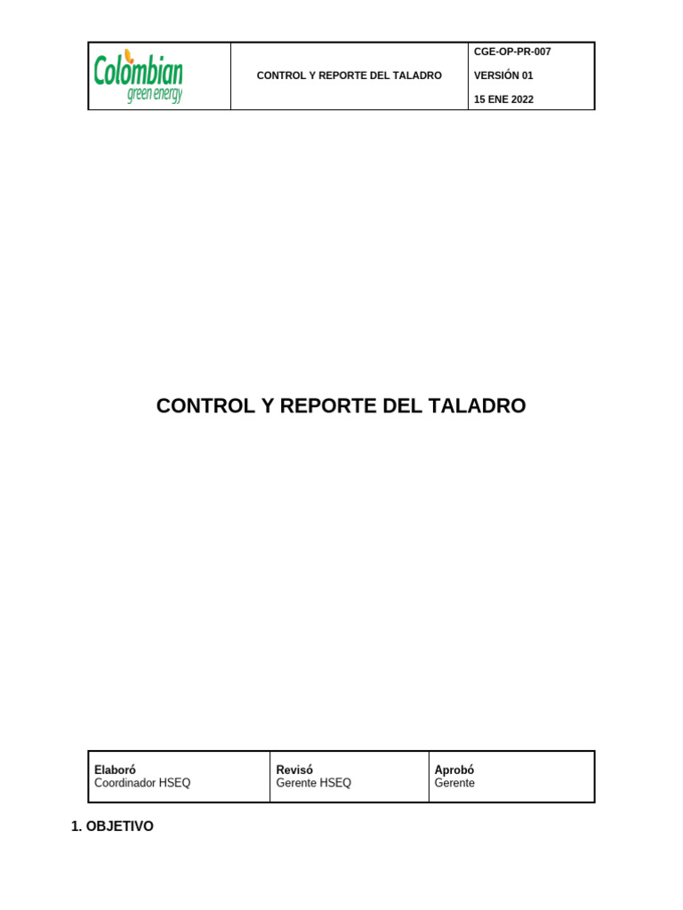 Cge-Op-Pr-007 Control y Reporte Del Taladro | PDF | Petróleo