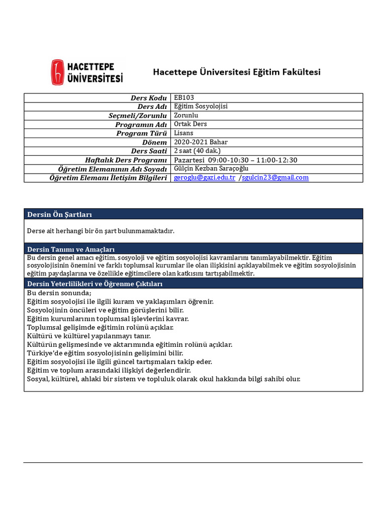 1. Hacettepe İzlence Eğitim Sosyolojisi | PDF