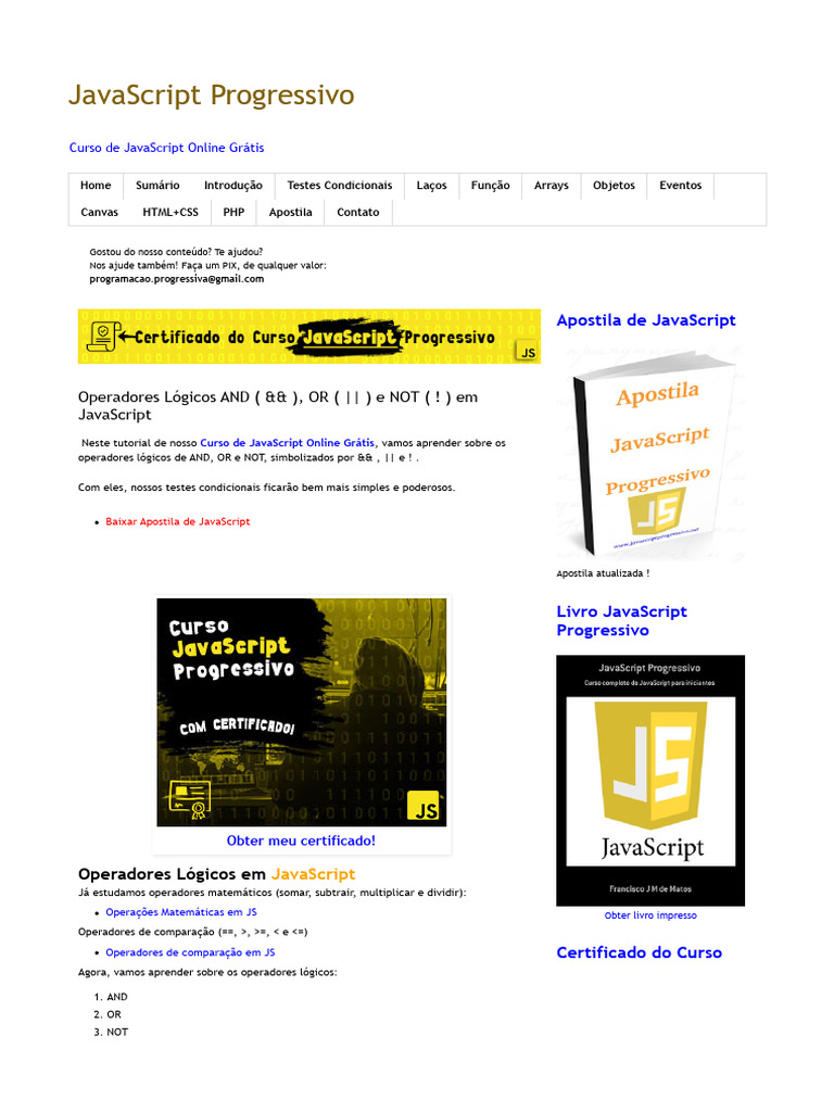 Operadores Lógicos Em Javascript Pdf Script Java Programação De 2882