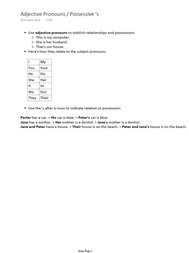 Possessive Adjectives and Genitive | PDF