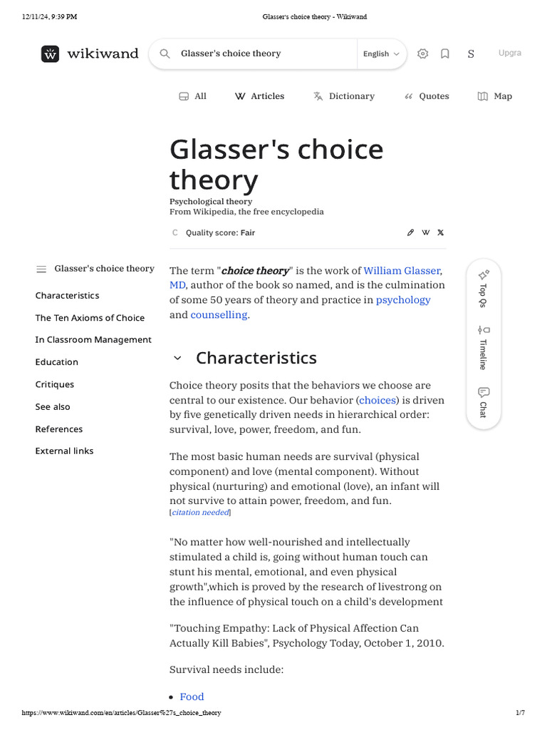 Glasser's Choice Theory - Wikiwand | PDF | Psychology | Psychological ...