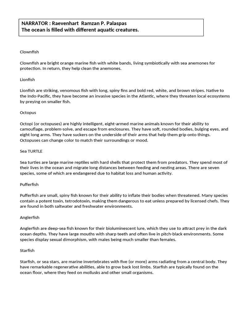 Sea Creatures Description | PDF
