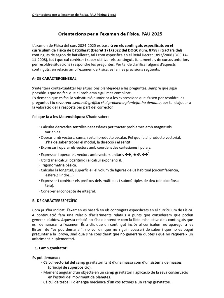 02 Pau25 Fisica Orientacions | PDF