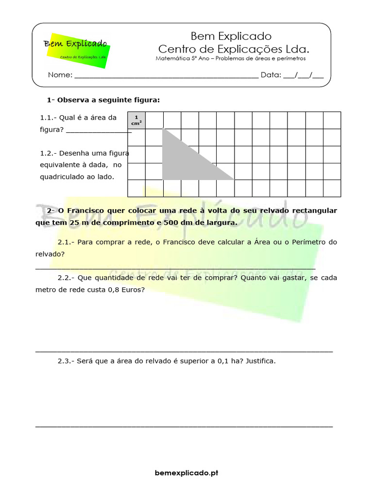 Problemas de Áreas e Perímetros para 5º Ano | PDF