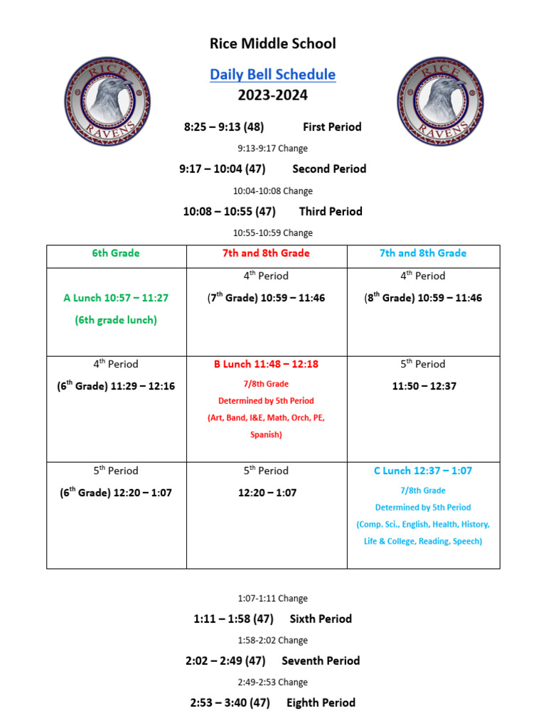 2023-2024 Spring Rice MS Bell Schedule | PDF