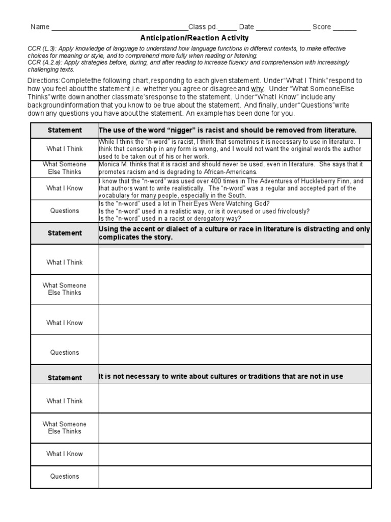 Anticipation/Reaction Activity Worksheet | PDF | Reading Comprehension ...