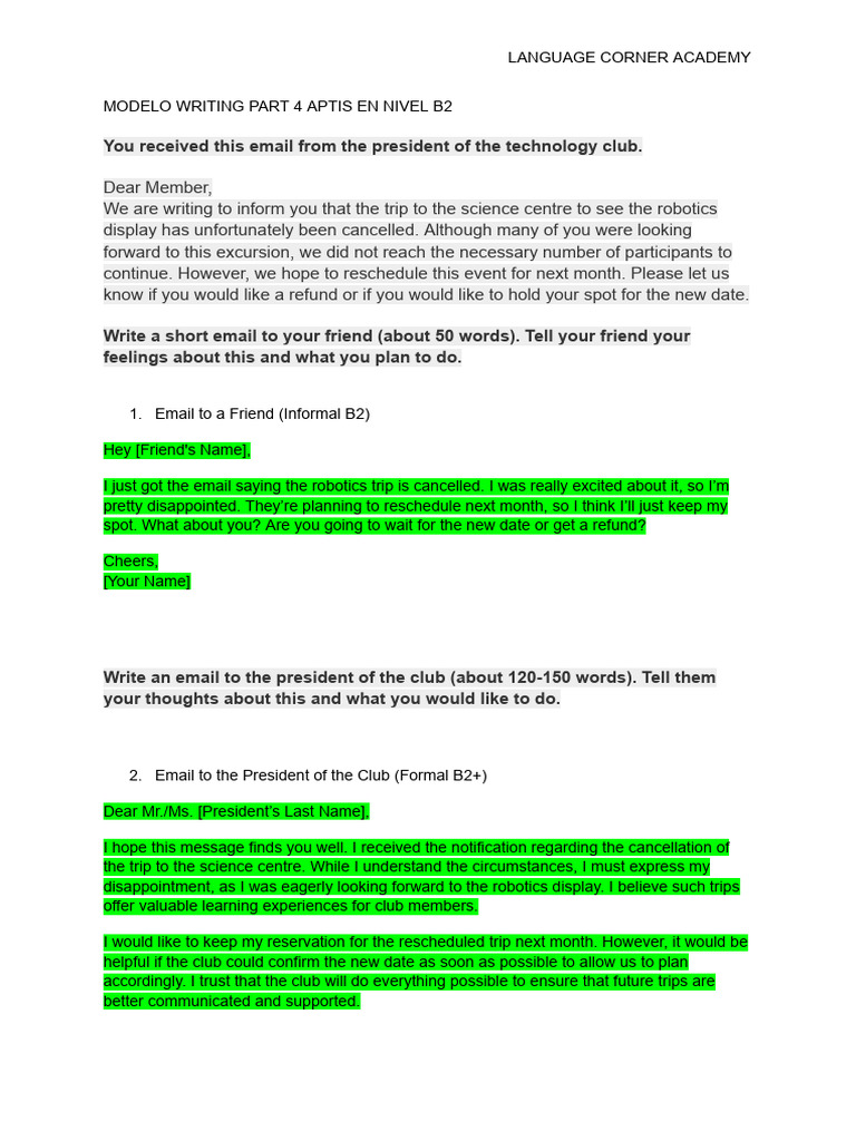 Modelo Writing Part 4 Aptis en Nivel B2 | PDF