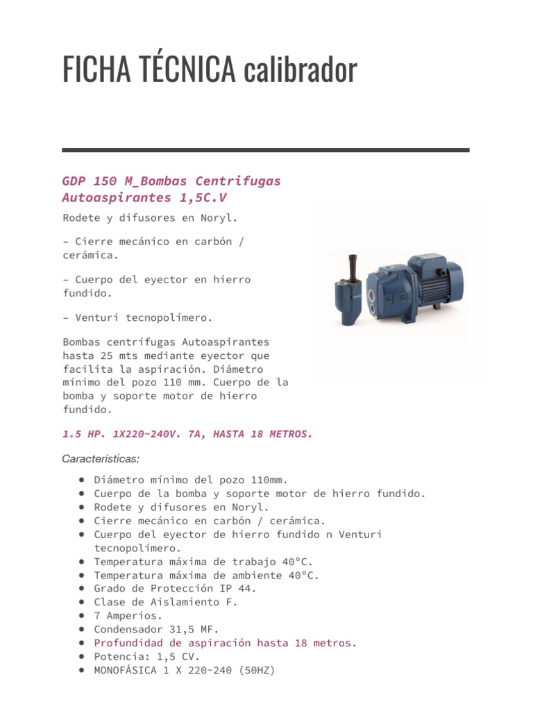 Ficha técnica bomba | PDF