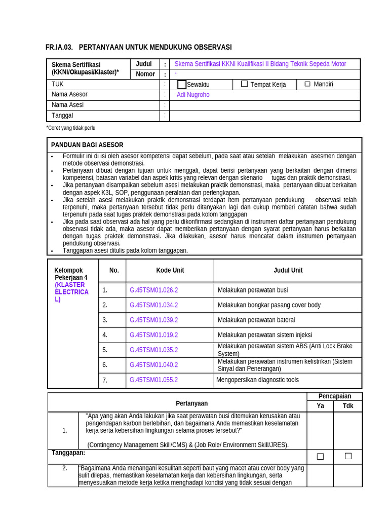 12. FR.ia.03. Pertanyaan Mendukung Observasi (PMO) Docx | PDF