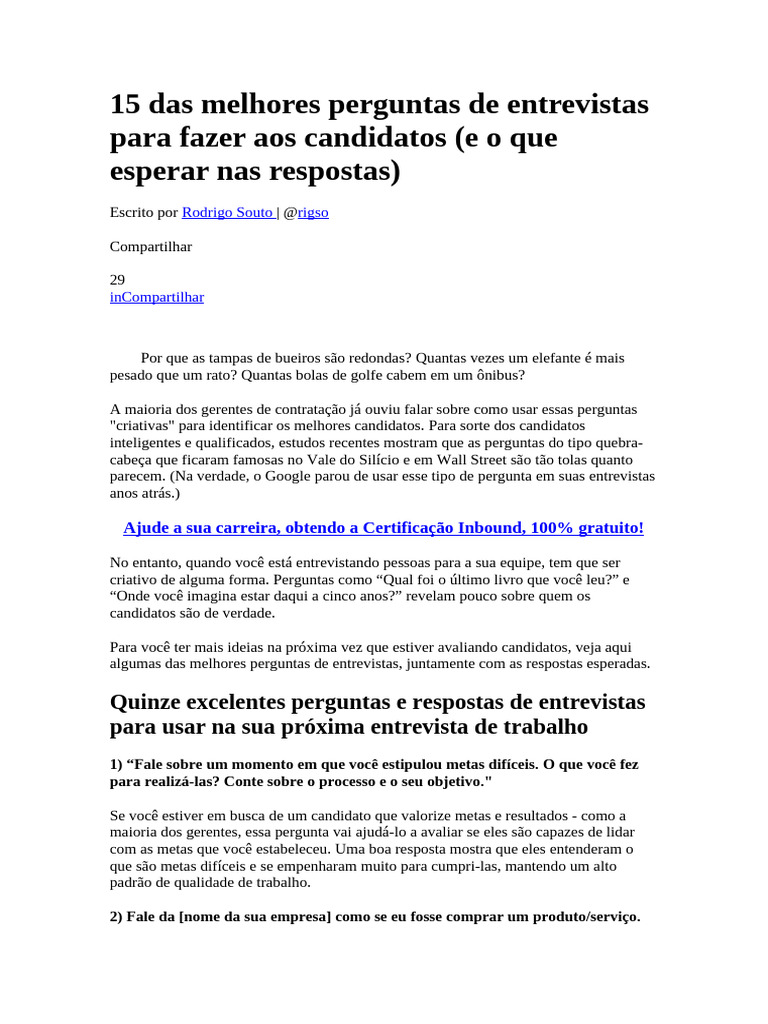 15 Das Melhores Perguntas de Entrevistas para Fazer Aos Candidatos ...