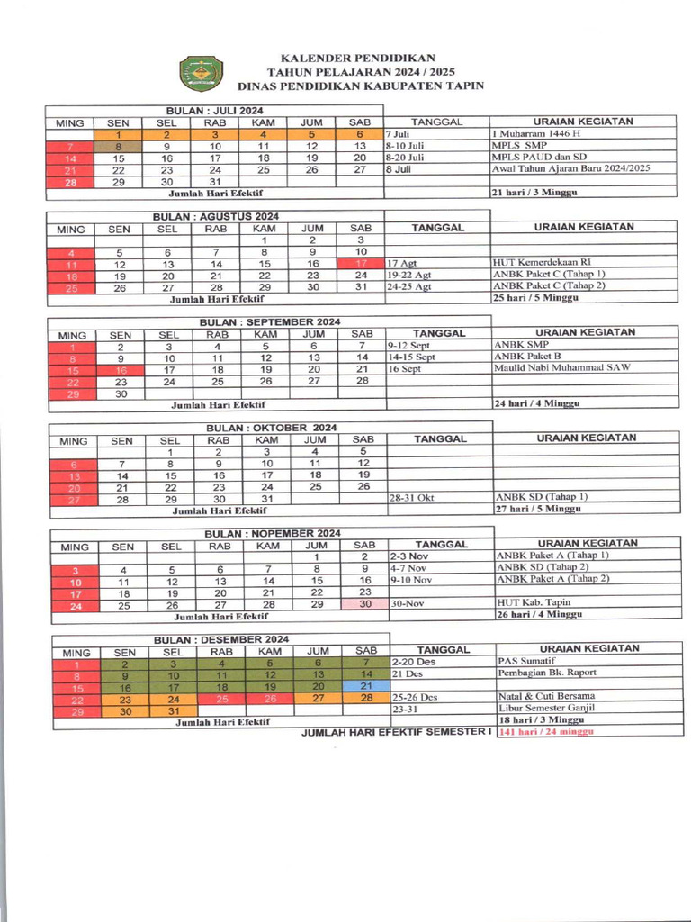 Kalender Pendidikan Tahun Pelajaran 2024 - 2025 | PDF