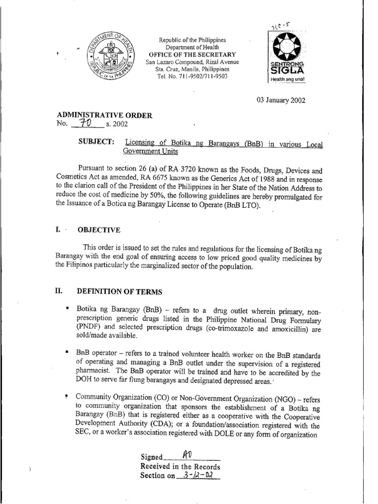 Administrative Order No. 70 S. 2002 (Licensing of Botika NG Barangay) | PDF