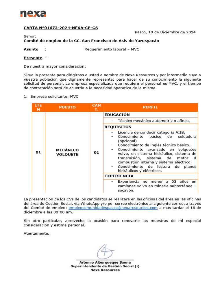 CARTA N°01673-2024-NEXA-CP_RQ MVC | PDF