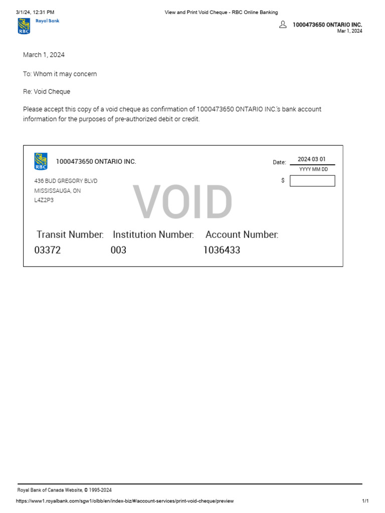 View and Print Void Cheque - RBC Online Banking | PDF
