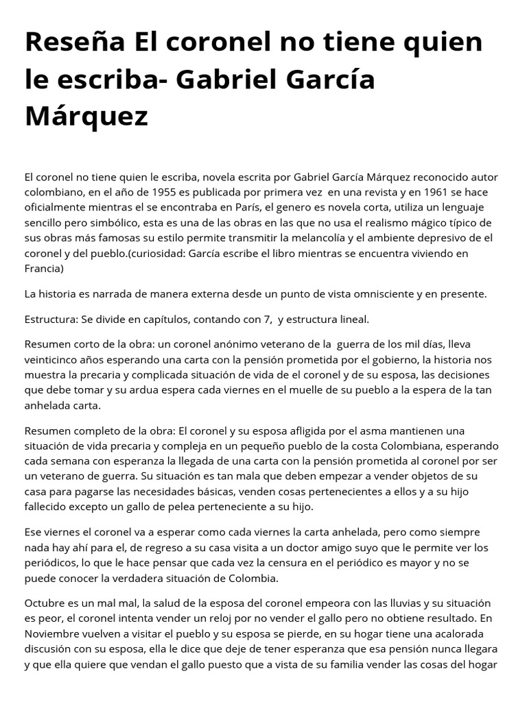 Reseña El Coronel No Tiene Quien Le Escriba - Gabriel García Márquez ...