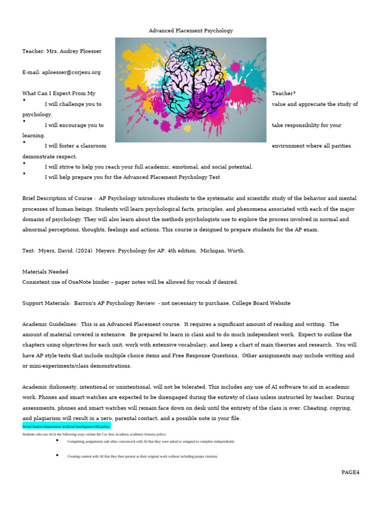 AP Psych Syllabus 2024.2025 | PDF | Psychology | Intelligence (AI ...