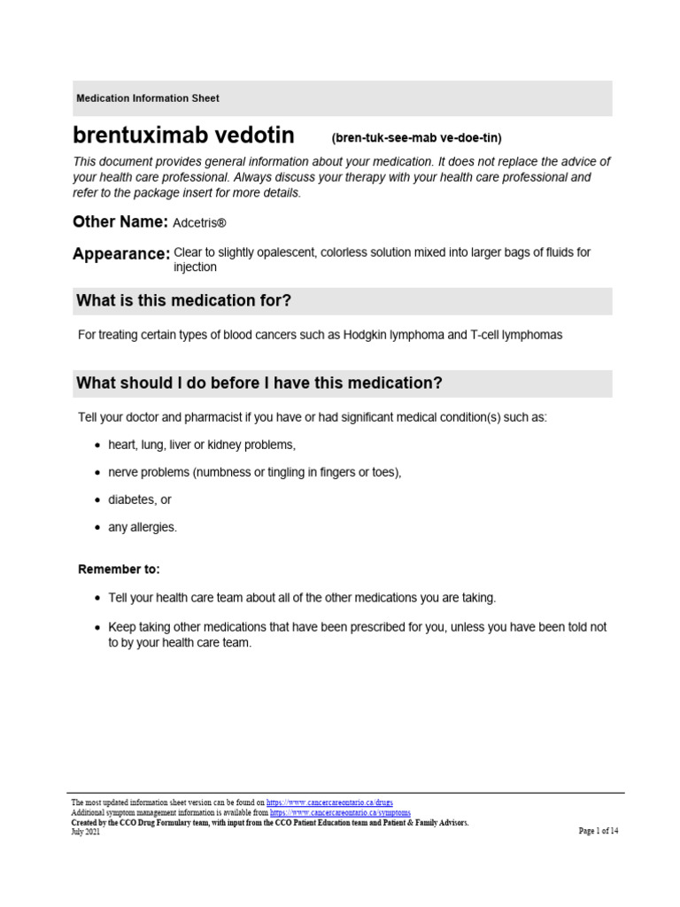 Brentuximab Vedotin Patient Handout | PDF | Fever | Nausea