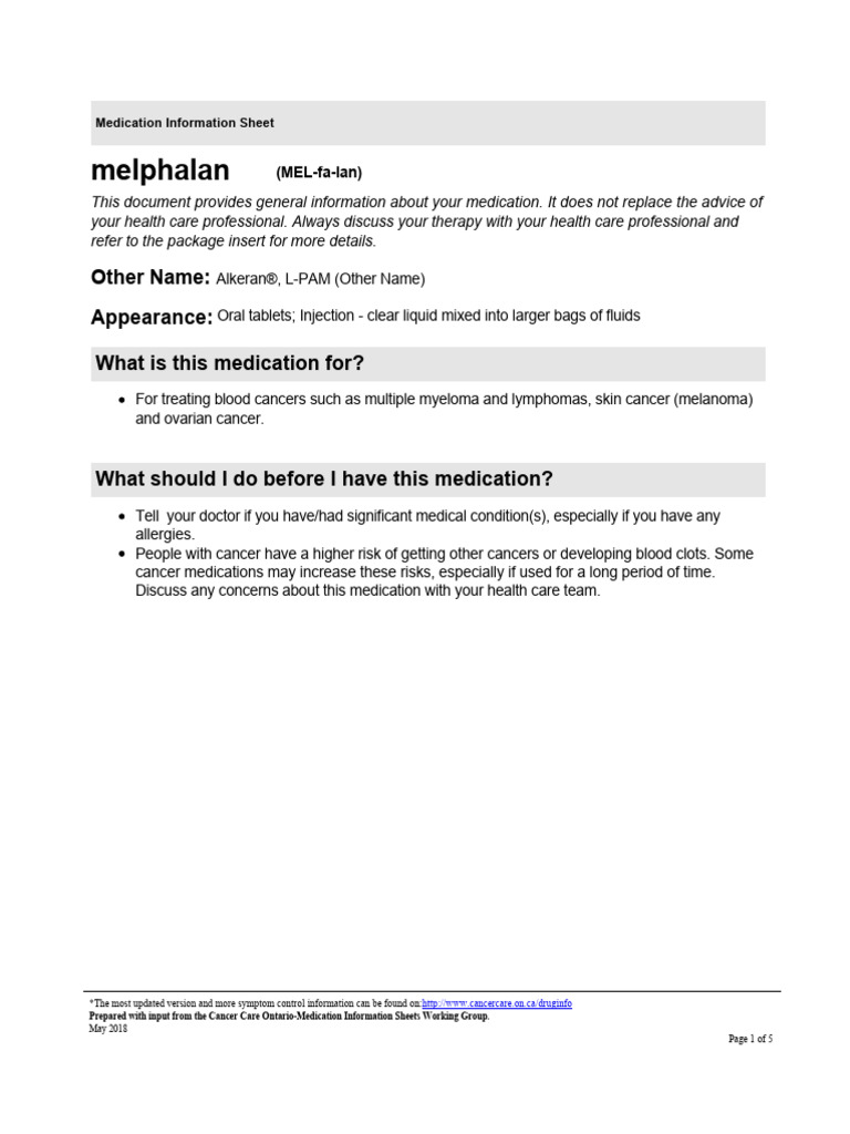 Melphalan Patient Handout | PDF | Cancer | Fever