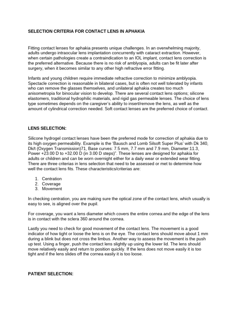 Contact Lens Selection for Aphakia | PDF | Contact Lens | Visual System