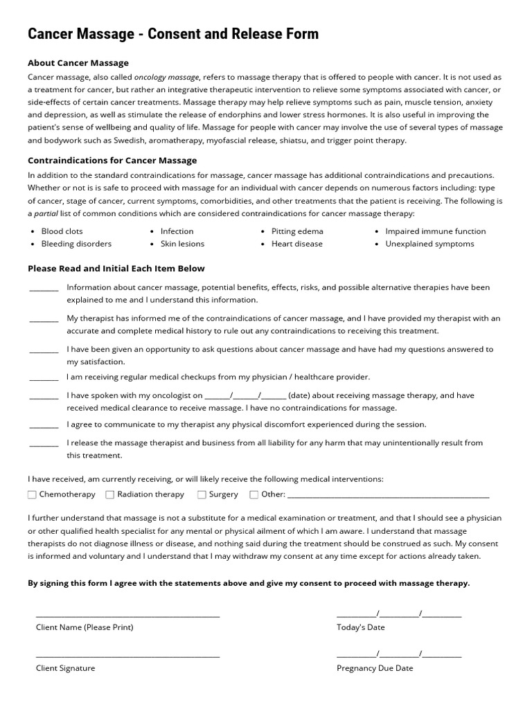 Cancer Massage Consent Form | PDF | Massage | Cancer