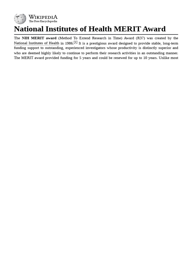 National Institutes of Health MERIT Award | PDF | American Academics